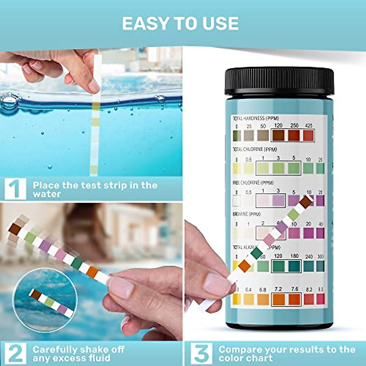 Hot Tub Test Strips - 6in1 Quick & Accurate Spa Test Strips for Hot Tubs - 100 Water Test Strips, Hot Tub Water Test Kit with E-Book - Test Chlorine, Bromine, pH, Hardness, Alkalinity - JNW Direct