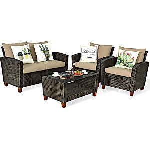 Tangkula 4 Piece Patio Rattan Furniture Set, Onesize, Beige