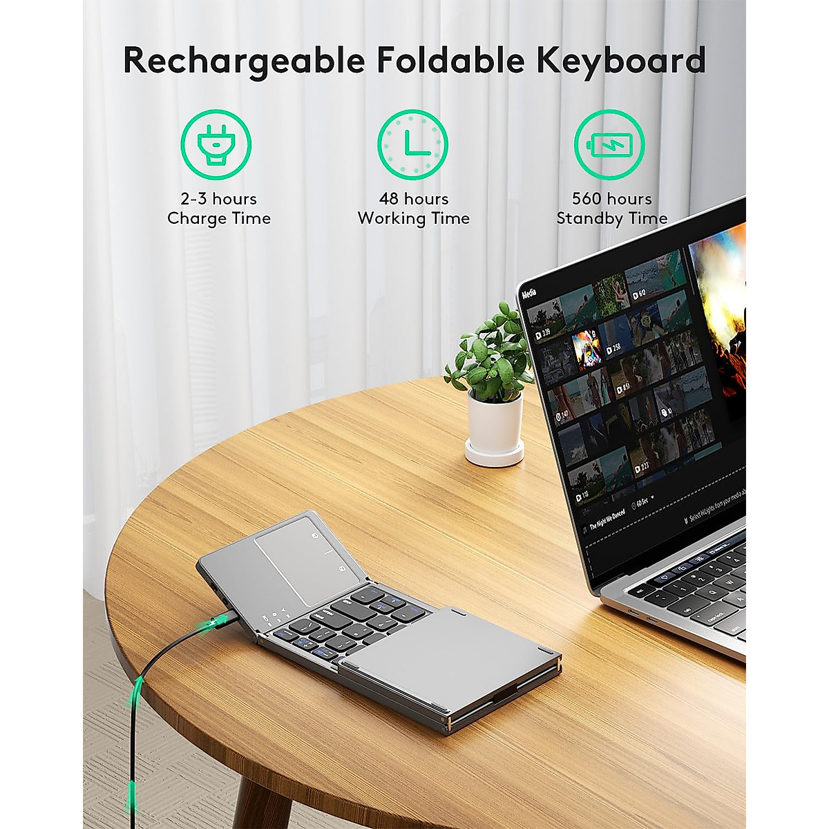 Samsers Multi-Device Foldable Bluetooth Keyboard with Touchpad Rechargeable Dual-Mode(2.4G+BTx2) Wireless Keyboard with Holder, Portable Ultra Slim Folding Keyboard for Android Windows iOS Mac OS