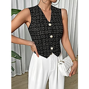 WDIRARA Women's Asymmetrical Hem Button Front Crop Blazer Sleeveless V Neck Blazer Vest Black M