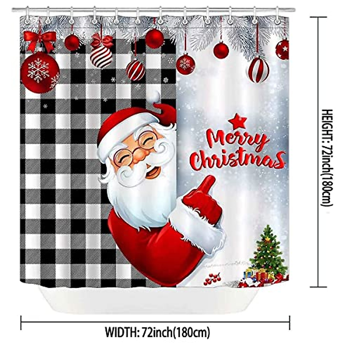 Dia Magico 4PCS Merry Christmas Shower Curtain Set, Santa Claus Xmas Balls Black White Buffalo Plaid Snowflake Holiday Country Rustic Farmhouse Bathroom Decor, Fabric Shower Curtain, Non-slip Bath Mat