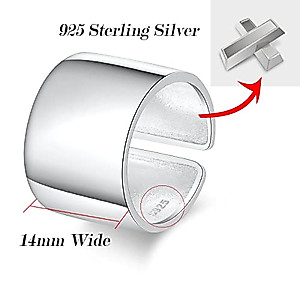 SILBERTALE 14mm Wide 925 Sterling Silver Plain Big Adjustable Open Finger Ring Cuff Thumb Ring Band Fits US Size 5-7