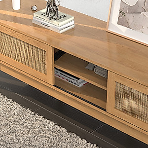 Xilingol TV Stand with Rattan Sliding Doors, Low Profile Television Stands for TVs up to 65 Inches TV, Modern Farmhouse Boho Home Media Console for Living Room Bedroom, 59 Inch