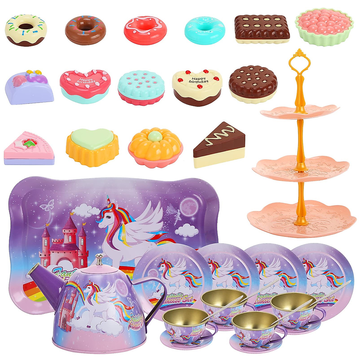 Tea Party Set for Little Girls, Princess Tea Time Toy Set with Food Playset,Dessert Tower,Tablecloth&Carrying Case,Kitchen Pretend Play for Birthday Girls Age 3 4 5 6 7 Year Old Kids Toddlers