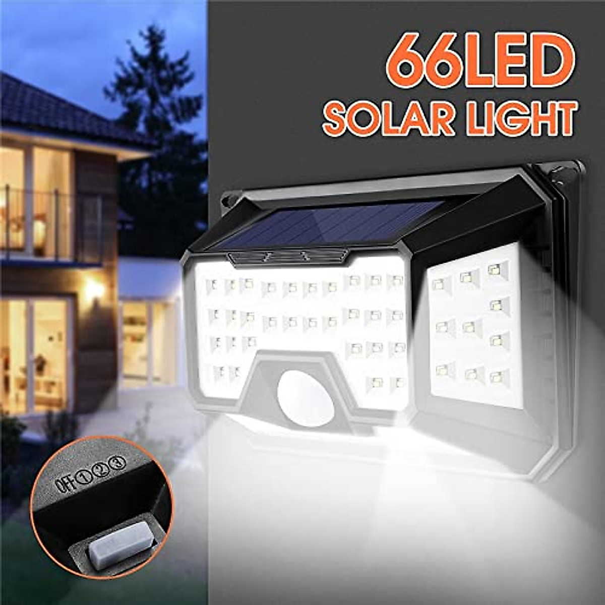 DHAEY 1pack Led Street Lighting 100W Solar Light 66 LEDs 4 Side Outdoor Solar PIR Motion Sensor Garden Wall Lamp 3 Mode Lamp Waterproof IP65 Luopan Tracking Lighting