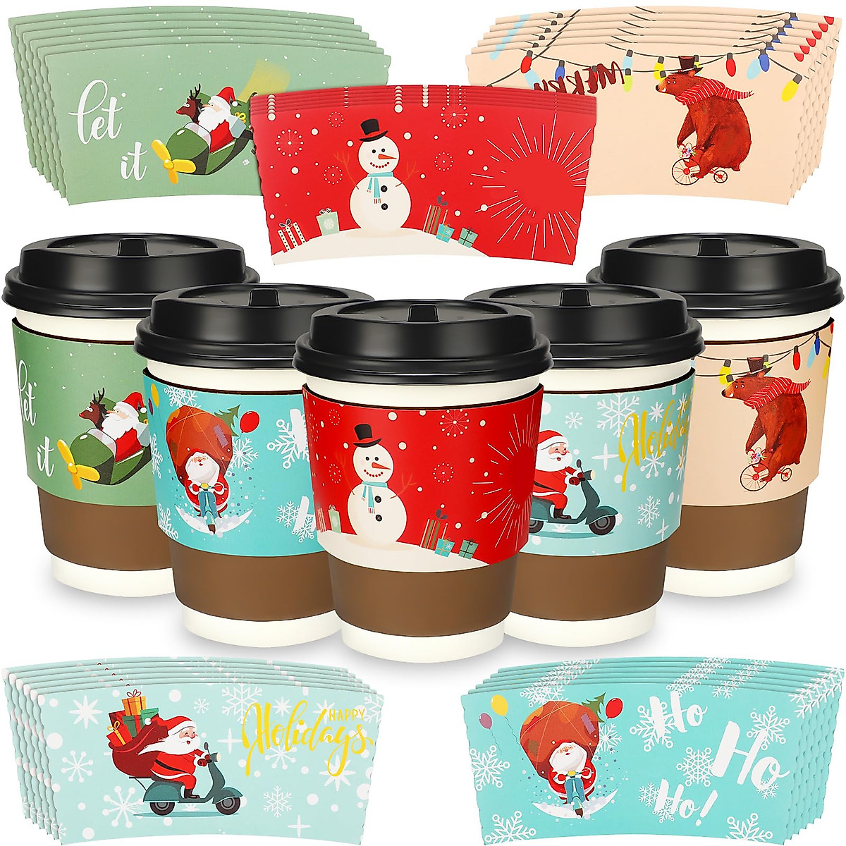 40 Pieces Christmas Coffee Cup Tea Cup Sleeves Disposable Paper Cup Sleeves with 5 Custom Xmas Designs for Christmas Hot Chocolate, Coffee, Cocoa, Tea or Cold Beverage, Fits 12 oz to 16 oz