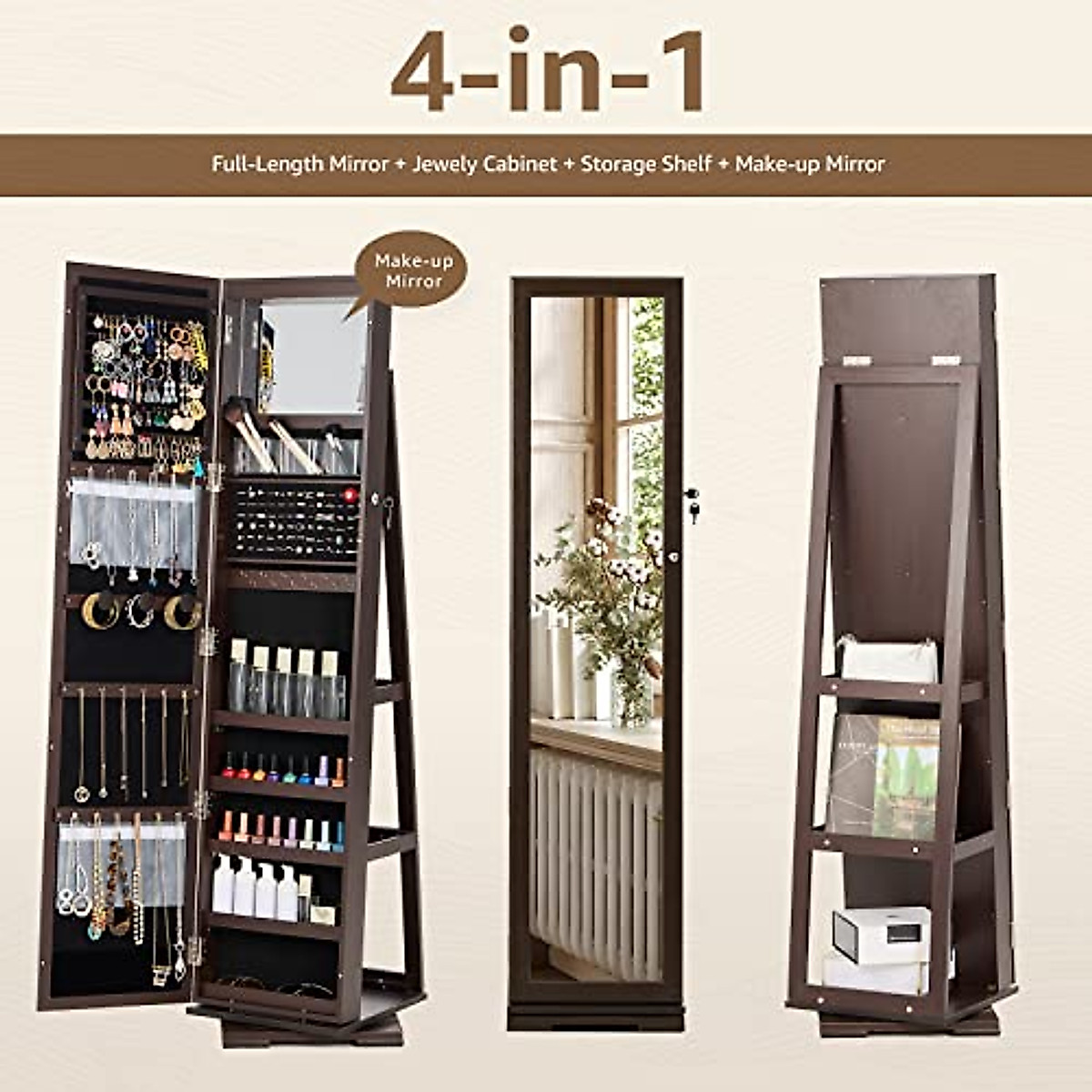 SERWALL 360 Rotating Jewelry Stand Organizer - Jewelry Armoire with Full-Length Mirror- Freestanding Dressing Mirror Jewelry Cabinet Storage - Brown