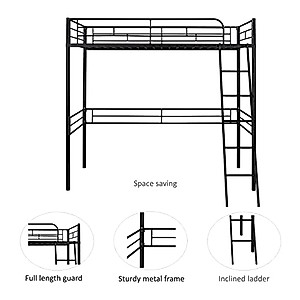 HomSof Twin Loft Metal Heavy Duty High Bunk Bed with Safety Guard Rails and Ladder, No Box Spring Needed, Black