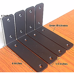 8 Pack - L 6" x H 4" x W 1.5", 5mm Thick Black L Shelf Bracket, Iron Shelf Brackets, Metal Shelf Bracket, Industrial Shelf Bracket Decorative Shelving, Shelf Supports with Screws