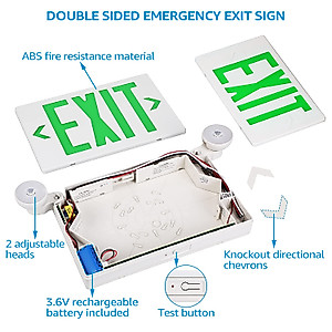 TORCHSTAR Green LED Exit Sign with Emergency Lights, UL 924, Emergency Exit Light with Battery Backup, Adjustable Heads, Fire Exit Sign with Lights, Double Face, AC 120/277V, Damp Location, Pack of 2