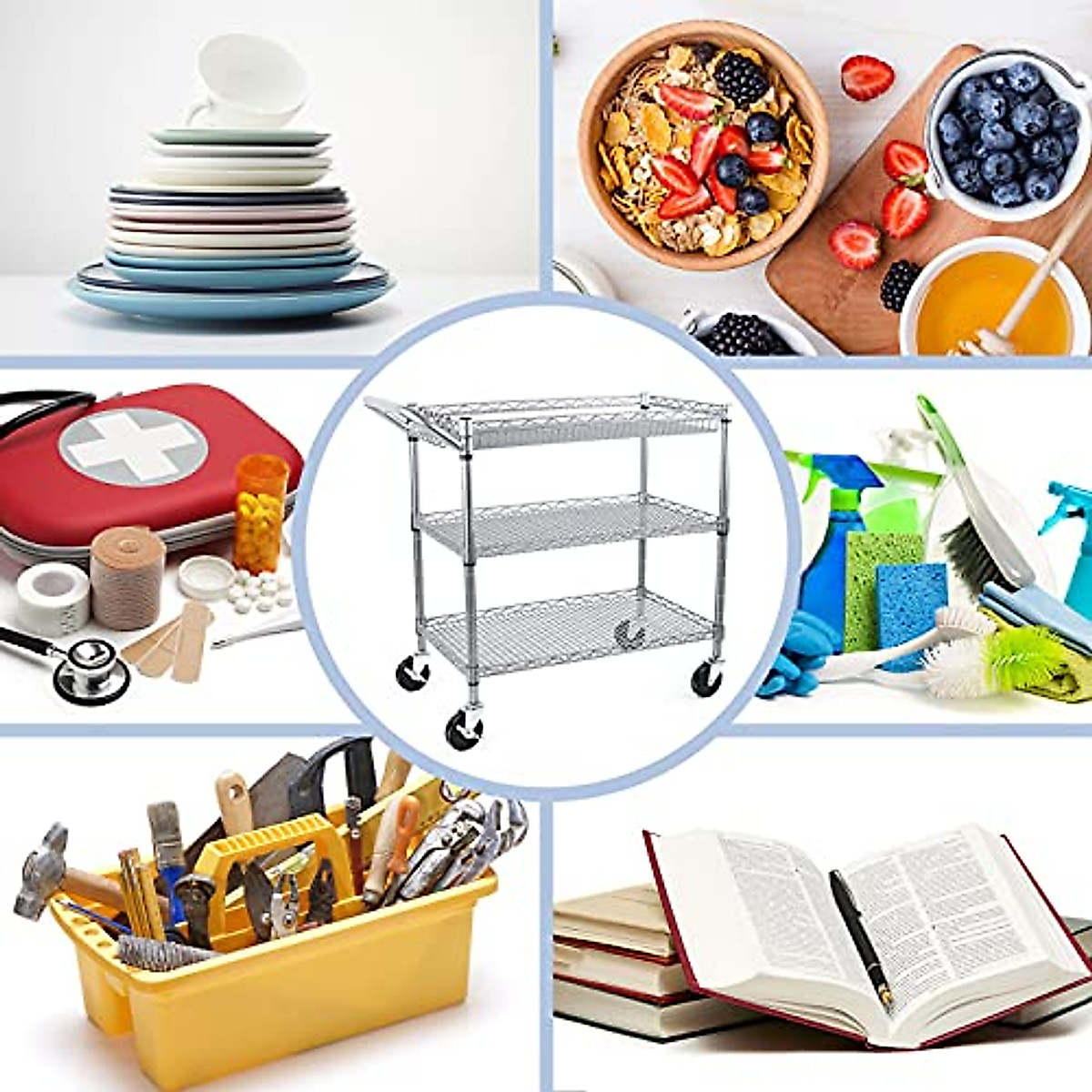 WDT Heavy Duty 3 Tier Rolling Utility Cart, Kitchen Cart on Wheels Metal Serving Cart Commercial Grade with Wire Shelving Liners and Handle Bar for Kitchen Office Hardware