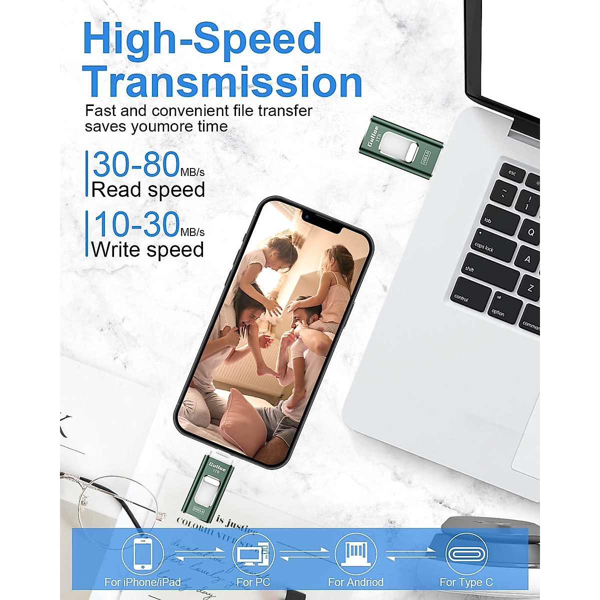 Flash Drive for iPhone 1TB, Gulloe USB Memory Stick Photo Stick External Storage Thumb Drive for iPhone iPad Android Computer (Light Green)