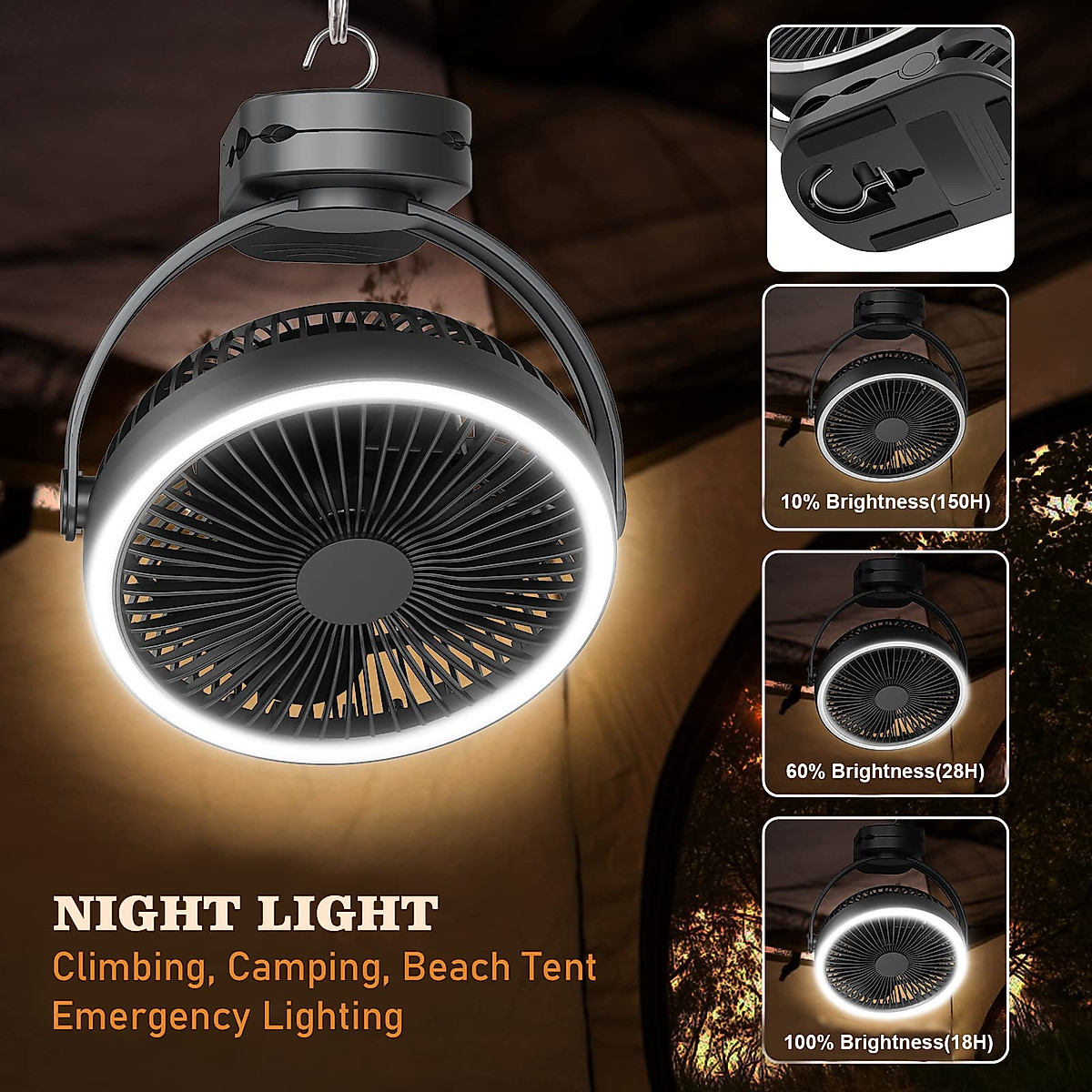 8 Inch Rechargeable Clip on Fan with Camping Lantern, Strong 4 Speeds & Timer, 10000mAh Battery Operated Clip Fan for Bed, Outdoor Travel, Golf Cart - Flexible Hook & Quiet Operation (Black)