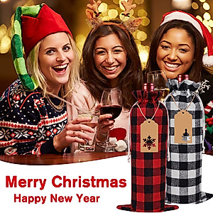 DULEFUN 12pcs Christmas Wine Bags, Christmas Wine Burlap Bags Buffalo Plaid Wine Bags Reusable Xmas Wine Bottle Clothes Covers for Christmas Wedding New Year Holiday Party Decor