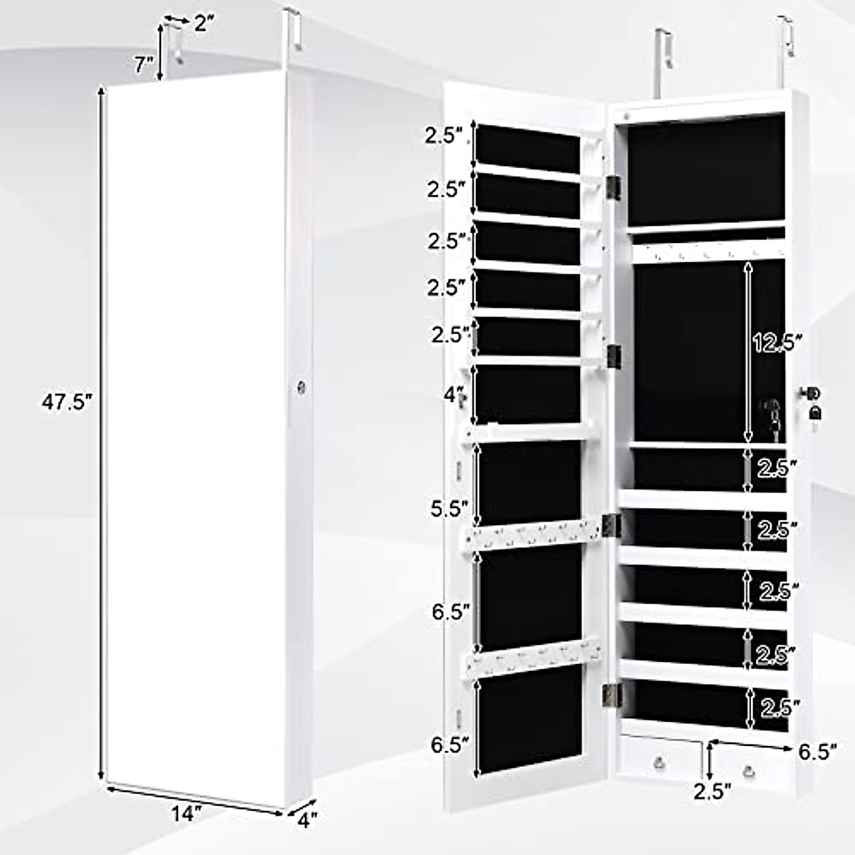 COSTWAY Mirror Jewelry Armoire, Wall Door Mounted Jewelry Organizer w/Full-length Mirror and 2 LED Lights, Lockable Large Capacity Jewelry Cabinet for Earrings, Necklaces, Bracelets (White)