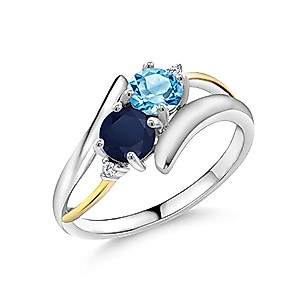 925 Sterling Silver and 10K Yellow Gold Swiss Blue Topaz Blue Sapphire and White Lab Grown Diamond 2 Stone Crossover Ring For Women (1.27 Cttw, Gemstone Birthstone, Available In Size 5, 6, 7, 8, 9)