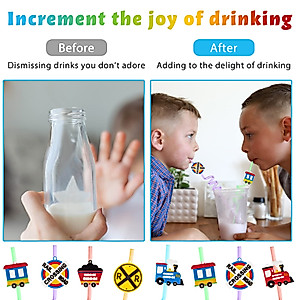 36 Pcs Train Drinking Straws Reusable Plastic Straws Train Birthday Party Supplies Train Party Favors Train Railroad Crossing Theme Cocktail Straws with Cartoon Decoration for Kids, 6 Designs
