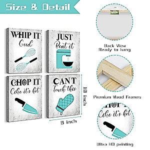 ARTINME Teal Kitchen Quotes Wall Art - Set of 4 Retro Vintage Inspirational Canvas Poster Prints Sign For Dining Room cafe and Restaurant Home Decorations