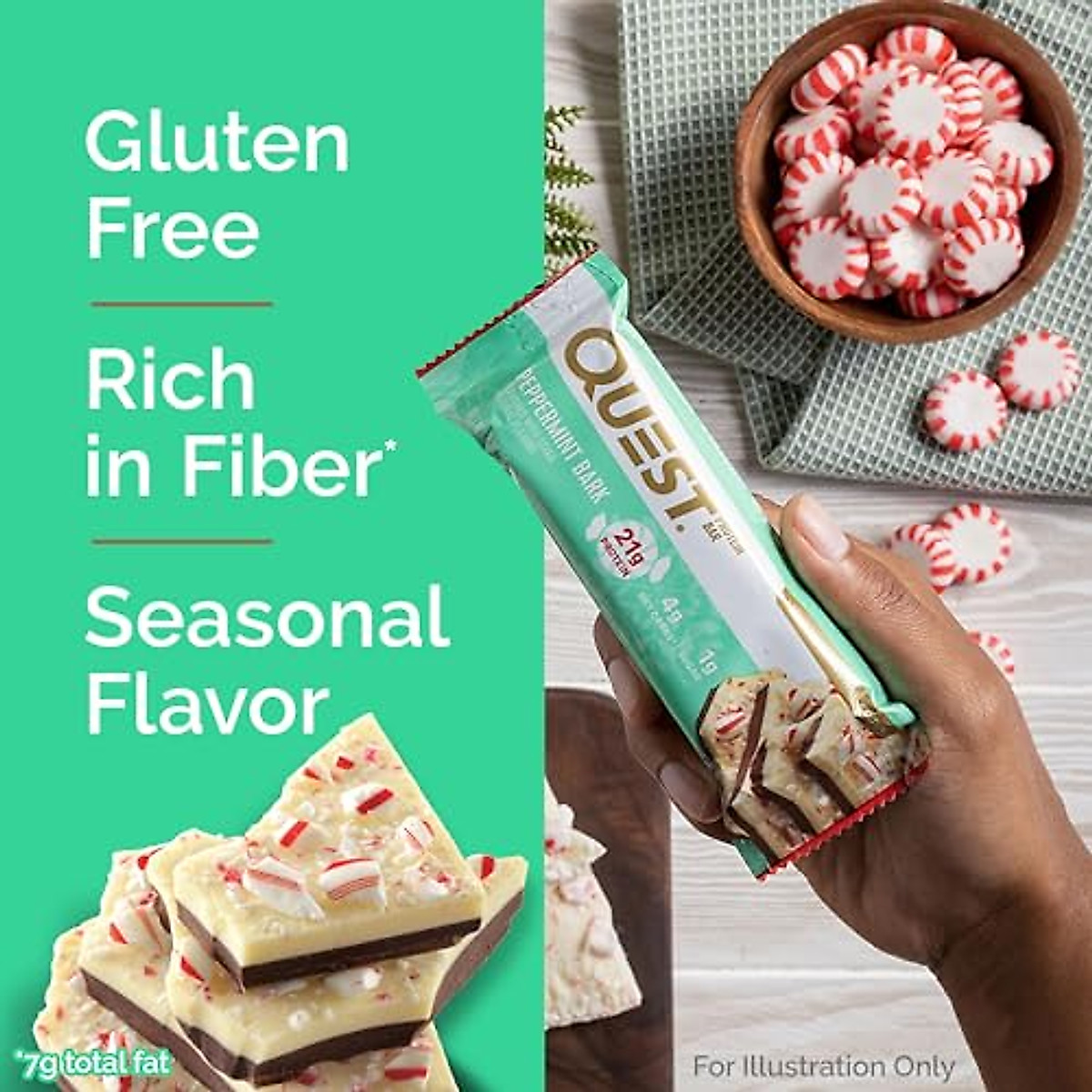 Quest Nutrition Peppermint Bark Protein Bar, 21g Protein, 4g Net Carb, 1g Sugar, Gluten Free, 12 Count