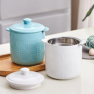 Lyellfe Ceramic Bacon Grease Container, 1.2L/40 Oz Oil Filter Pot with Strainer, White Carved Cooking Oil Container for Fat Frying Used Cooking Oil Kitchen