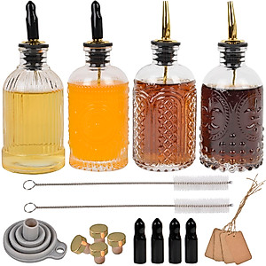 ChezMax Syrup Dispenser Bottles Set of 4, Simple Syrup Bottle for Coffee Bar Accessories, 7 oz Glass Coffee Syrup Dispenser Syrup Containers for Maple Honey Syrup Oil, with Metal Pour Spouts & Labels