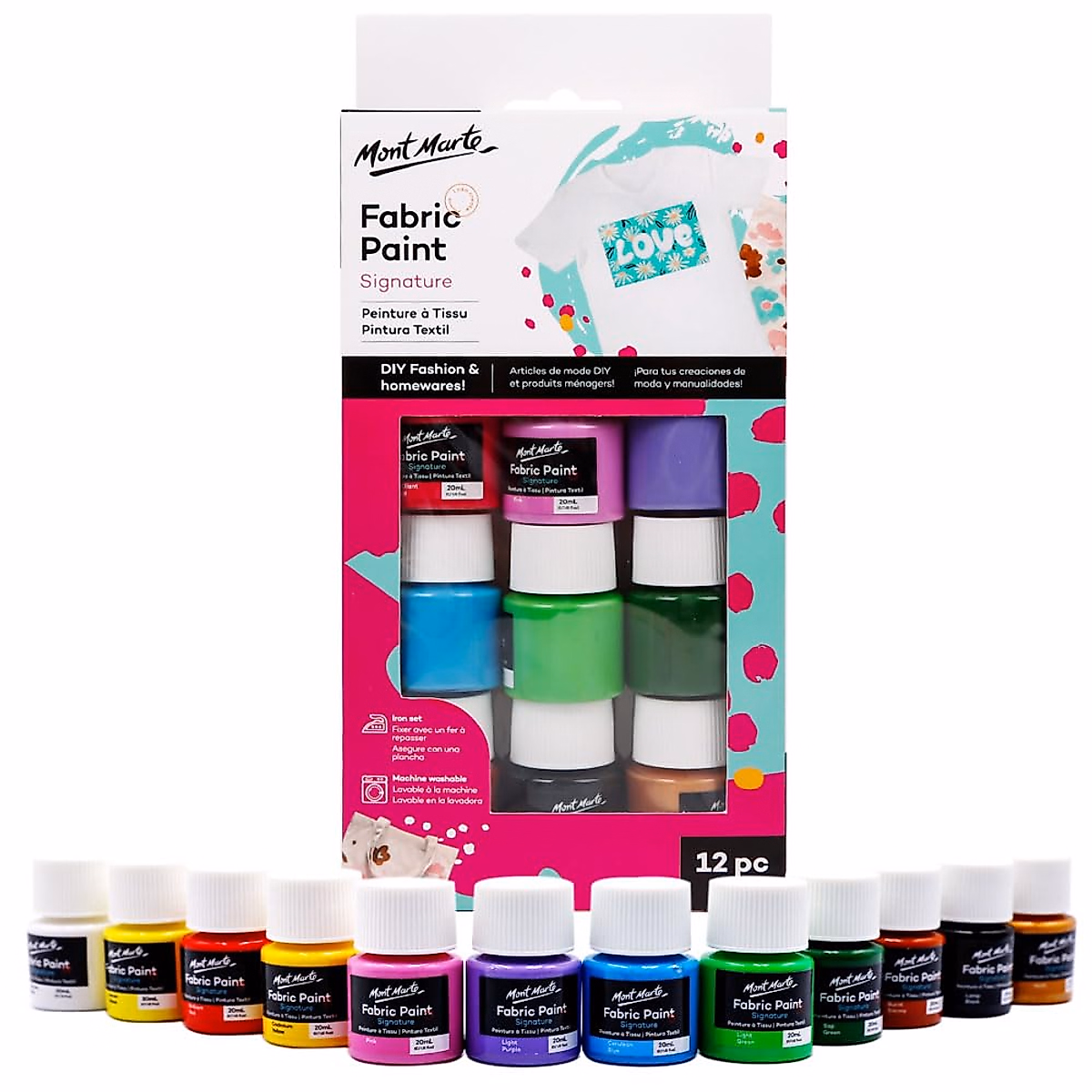 Mont Marte Signature Fabric Paint, 12pc x 0.7oz (20ml), Suitable for DIY Fashion and Homewares