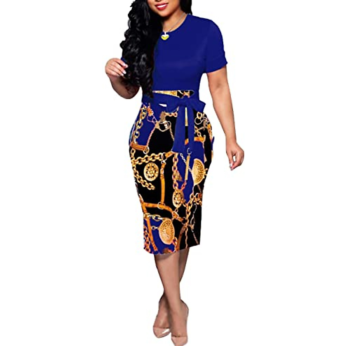 Midi Floral Bodycon Dress Cute Casual Church Dress Blue L