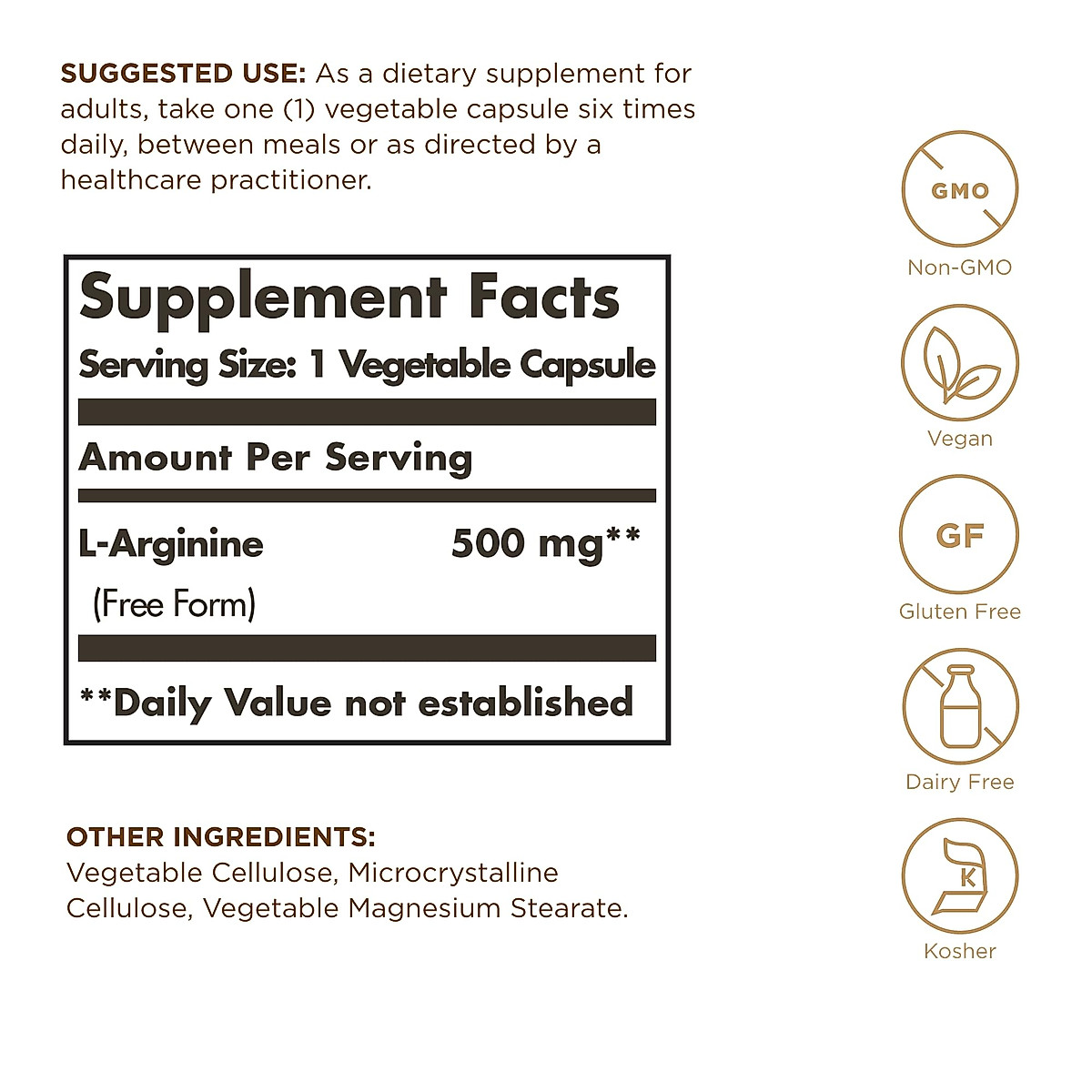Solgar L-Arginine 500 mg - 100 Vegetable Capsules - Nitric Oxide Stimulator - Non-GMO, Vegan, Gluten Free, Dairy Free, Kosher - 100 Servings