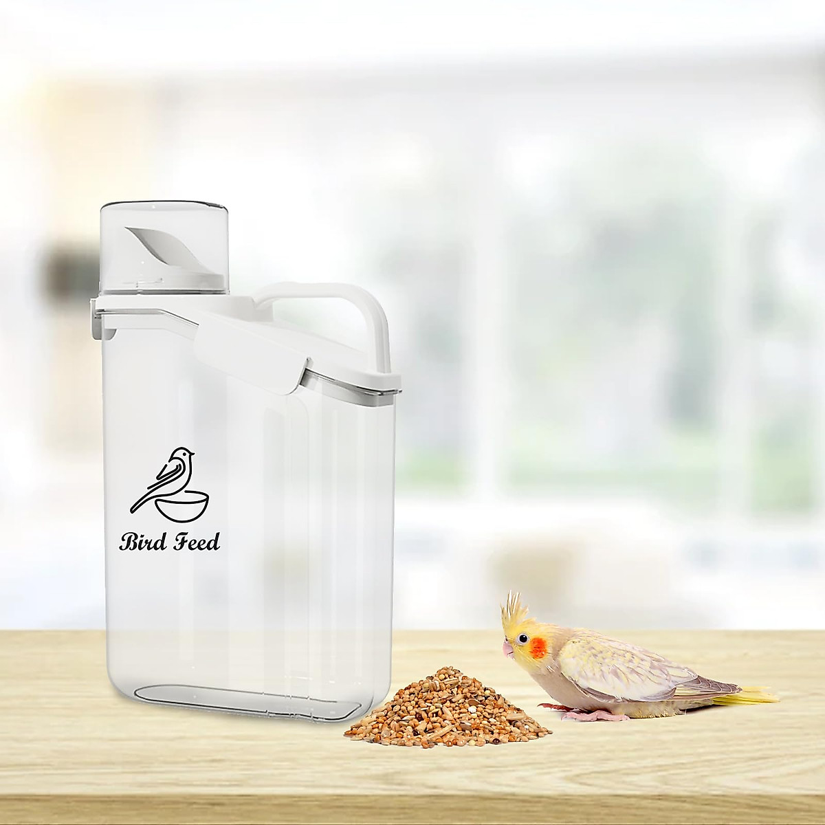 Ctomche Bird Seed Storage Container,2.8L Airtight Bird Food Container with Handle and Measuring Cup,Portable Pet Food Container for Wild Bird Sunflower Seed-BPA Free Transparent/White