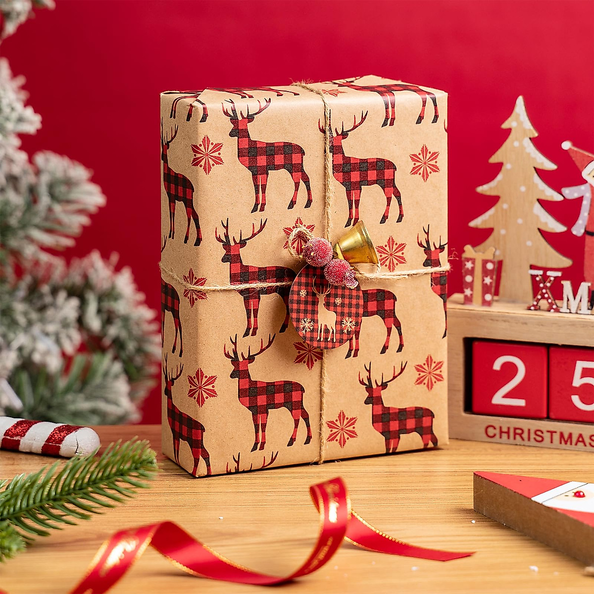 LeZakaa Christmas Kraft Wrapping Paper - Mini Roll - Reindeer/Buffalo Plaid with Snowflake/HOHOHO Lettering for Gift Wrap, Arts Crafts - 17 x 120 inches - 3 Rolls (42.5 sq.ft.ttl.)