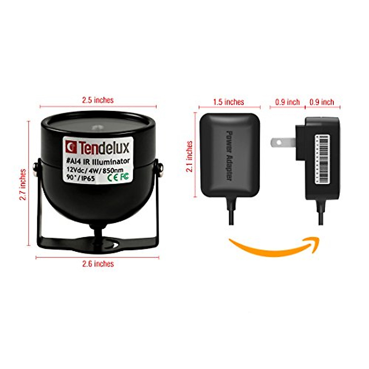 Tendelux 80ft IR Illuminator | AI4 No Hot Spot Wide Angle Infrared Light for Security Camera (w/Power Adapter)