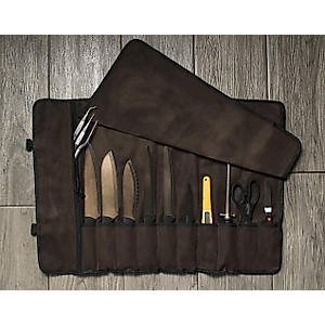 Asaya Canvas Chef Knife Roll Bag - 10 Knife Slots and a Large Zipper Pocket - Durable 10oz Canvas Knife Case with an Adjustable Shoulder Strap - Knives not Included