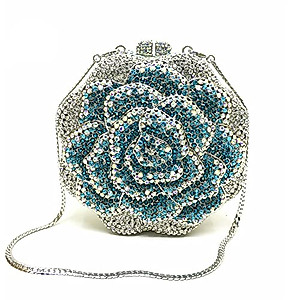 Tngan Women Elegant Rose Flower Evening Clutch Sparkling Crystal Rhinestones Purse Banquet Prom Wedding Handbag, Silver Teal