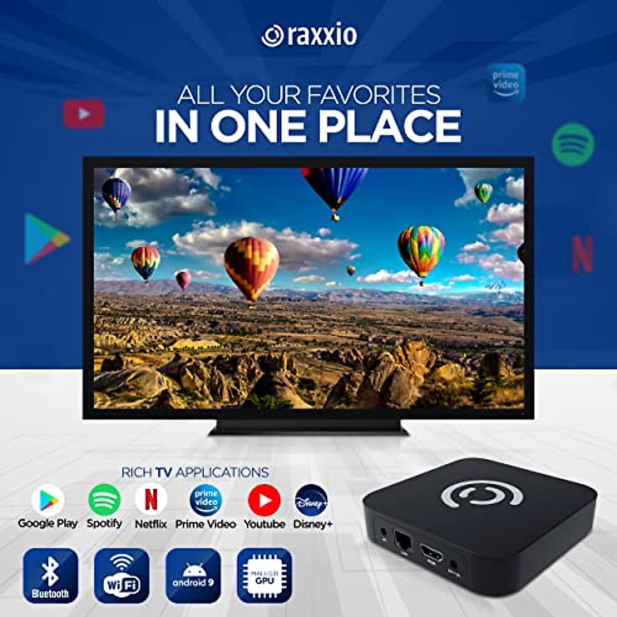 Raxxio Android TV Box - RAX2100 Android 9.0, Ultra HD 4K 75fps, 4 GB RAM, 64 GB ROM, WiFi 2.4G + 5G, USB 3.0, and Bluetooth 4.1 Enabled Smart Android Box with HDMI Cable and Bluetooth Remote Control