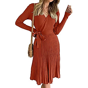 ZESICA Women's 2023 Fall Long Sleeve Wrap V Neck Ribbed Knit Pleated A Line Pullover Sweater Dress with Belt,Rust,Large