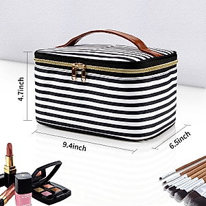 OCHEAL Makeup Organizer Bag, Travel Makeup Bag Organizer Case Portable Cosmetic Bag Make Up Bag for Women And Girls Cosmetics Toiletries with Brushes Slots and Divider-Black/White Stripes