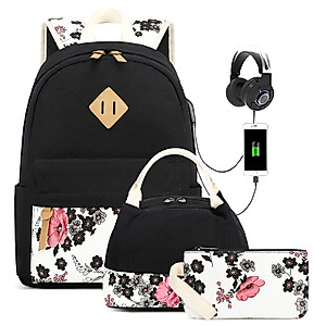 Natayoo Floral School Backpacks for Teen Girls Women with Lunch Bag and Pencil Bag, College Bookbag Water Resistant Laptop Backpack with USB Charging Port