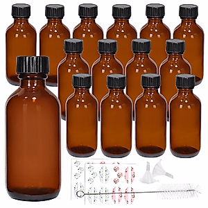 15 Pack Glass Amber Boston Bottles with Black Poly Cone Cap, 2 oz Round Glass Bottle for Essential Oil, Perfume and Liquid, Contains 24 Colored Labels, 2 Funnels, 1 Brush