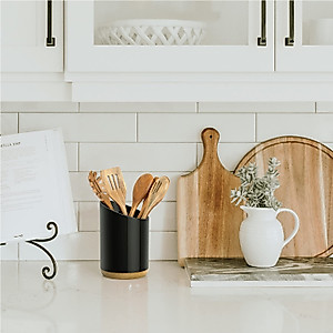 KARRYOUNG Ceramic Utensil Holder for Kitchen Countertop – Cooking Utensil Caddy Organizer with Acacia Wooden Base,5.5 x 7.5 Inches,Black