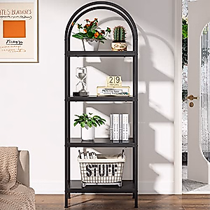 LITTLE TREE 4-Tier Arched Bookshelf, Tall Open Bookcase Storage Shelves, Wood Metal Freestanding Display Rack Tall Shelving Unit for Home Office, Bedroom, Living Room, Industrial Black
