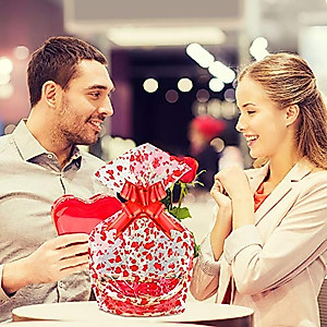 MIAHART 20 Pieces Mother's Day Valentine Large Basket Bags with 20 Pieces Bows Ribbon 23 x 35 Inches Cellophane Bags Heart Printed Cellophane Wrap for Baskets, Weddings, Bridal or Baby Showers