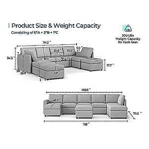 LINSY HOME Modular Sectional Sofa, Oversized Sectional Couch with Storage, Ottomans, Modular Sectional Sleeper Sofa with Memory Foam, 9 Seat U Shape Sofa Set for Living Room, Grey