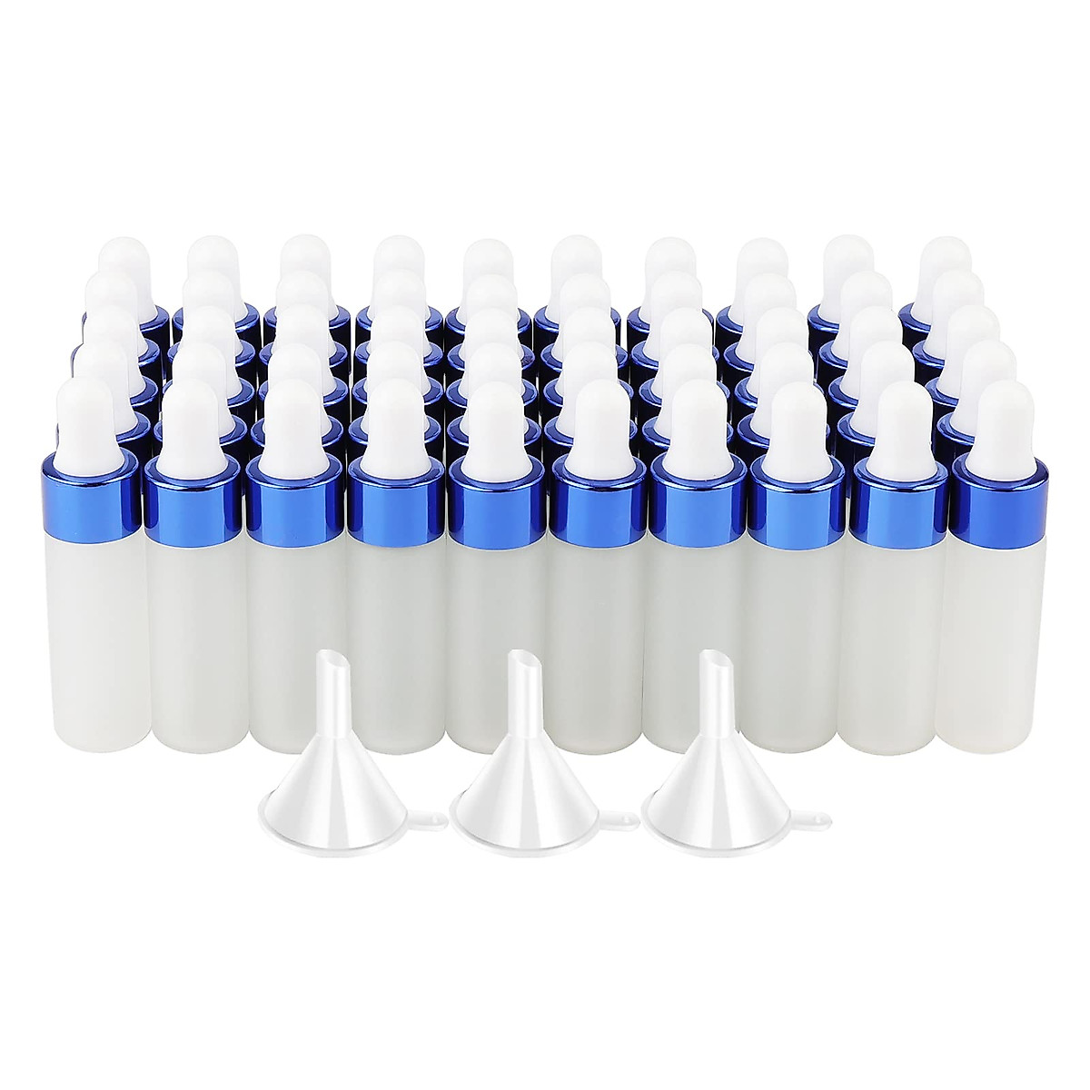 Kesell 50 Pack Dropper Bottles 5ml Frosted Glass Sample Bottles Refillable Essential Oil Dropper Bottle Perfume Cosmetic Liquid Sample Bottle with 3 Funnels, Blue Cap