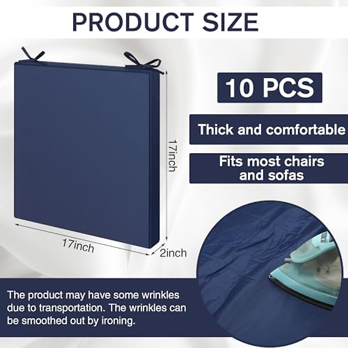 Kigley 10 Pack Outdoor Chair Cushions for Patio Furniture 17 x 17 x 2 Inch Waterproof Outdoor Patio Chair Seat Memory Foam Cushion Square Corner Seat with Ties(Navy Blue)