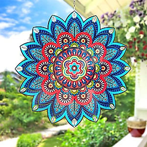 Exhart 3D Mandala Wind Spinner, Laser-Cut, Metal Garden Spinner w/Crystals, Hanging Yard Decor, 12 inches