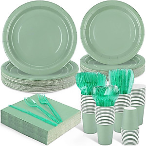 durony 350 Pcs Sage Green Party Tableware Set for 50 Guests Include 7, 9 Inch Paper Dessert Plates Napkins Cups Forks Cutlery Disposable for Bridal Shower Wedding Birthday Party Decorations Supplies
