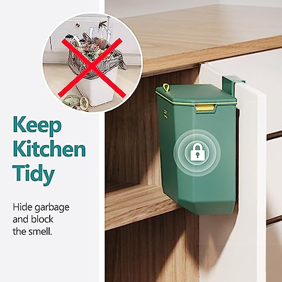 WOA WOA 2.4 Gallon Hanging Trash Can for Kitchen, Small Garbage Bin with Lid for Bathroom Bedroom, Mountable Cabinet Compost Bin Under Sink, Wall Mounted Waste Bucket - Green