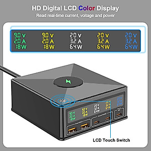 160W USB C GaN Charger,Ubigbuy 65W 5-Ports PD 3.0 USB C Fast Charging Station,Desktop Wireless USB C Power Adapter Hub with Display for MacBook Pro Air iPhone iPad Samsung