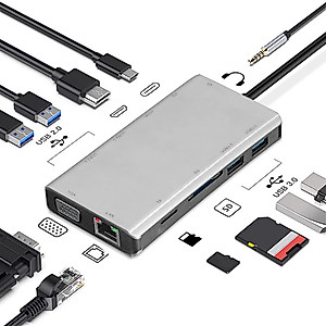 GIFZES USB Hub 3.0, USB C Adapter and 11-in-1 Docking Station, 11-in-1 USB C Hub Universal Type-C Adapter Dongle Mini Docking Station with 4 USB Ports SD/TF Card Reader VGA for MacBook Type-C Laptops