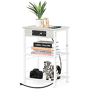 White Nightstand with Charging Station 3 Tier Small End Table with Storage Shelf Modern Farmhouse Bed Side Table with USB Ports and Outlets for Small Space Living Room Bedroom